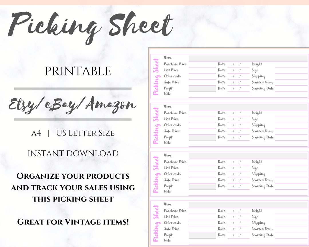 Inventory Picking Sheet for Etsy, Ebay, Amazon Sellers. Printable ...