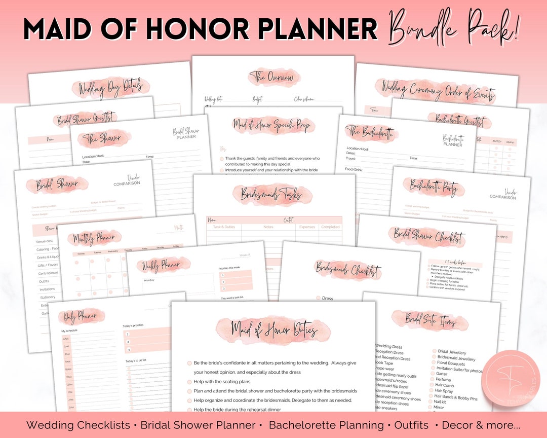 Maid of Honor Planner, 50pg Matron of Honor Wedding Planner Bundle, MOH ...