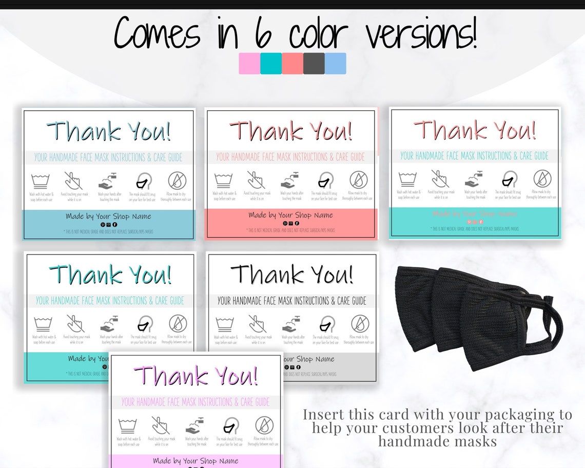 EDITABLE Face Mask Label Care Card THANK YOU for Your Order | Etsy