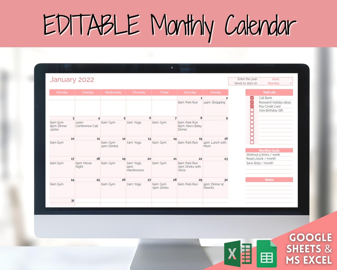 EDITABLE Monthly Calendar Monthly Planner Template Automated - Etsy