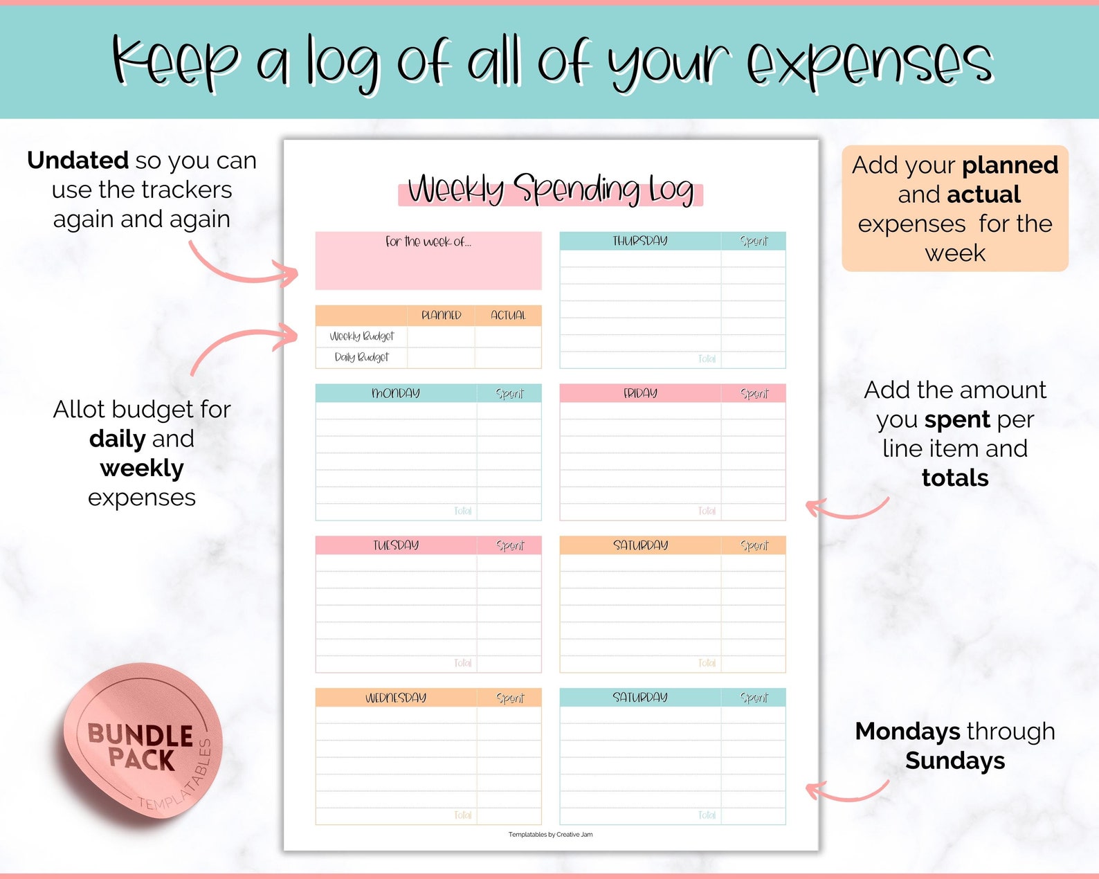 Weekly Spending Tracker, Printable Spending Log, Weekly Budget Planner ...