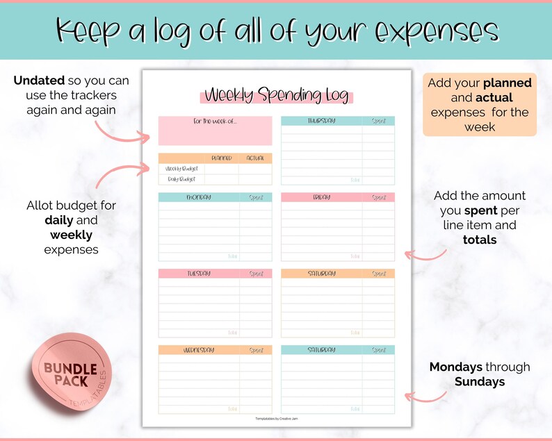 Weekly Spending Tracker, Printable Spending Log, Weekly Budget Planner ...