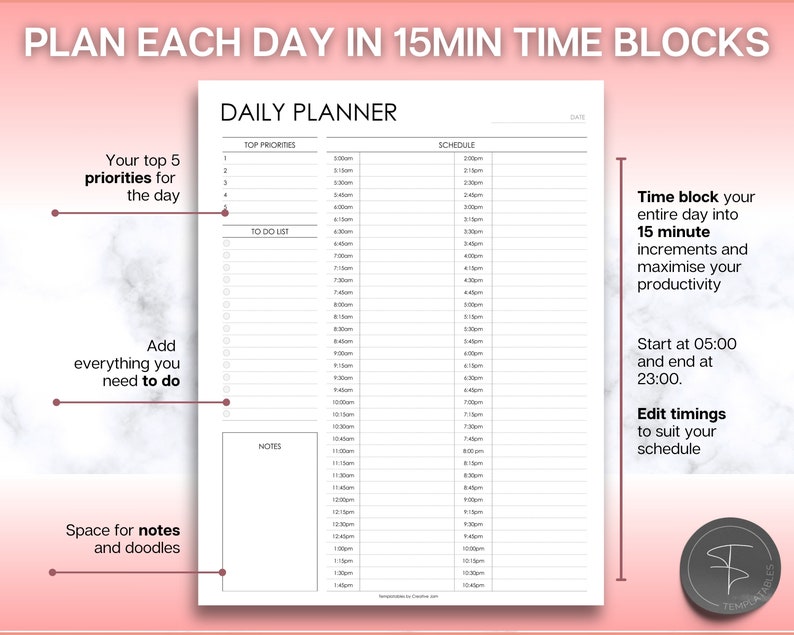 15 Minute Planner, EDITABLE 15 Minutes Daily Planner, 15 Minute Tracker ...