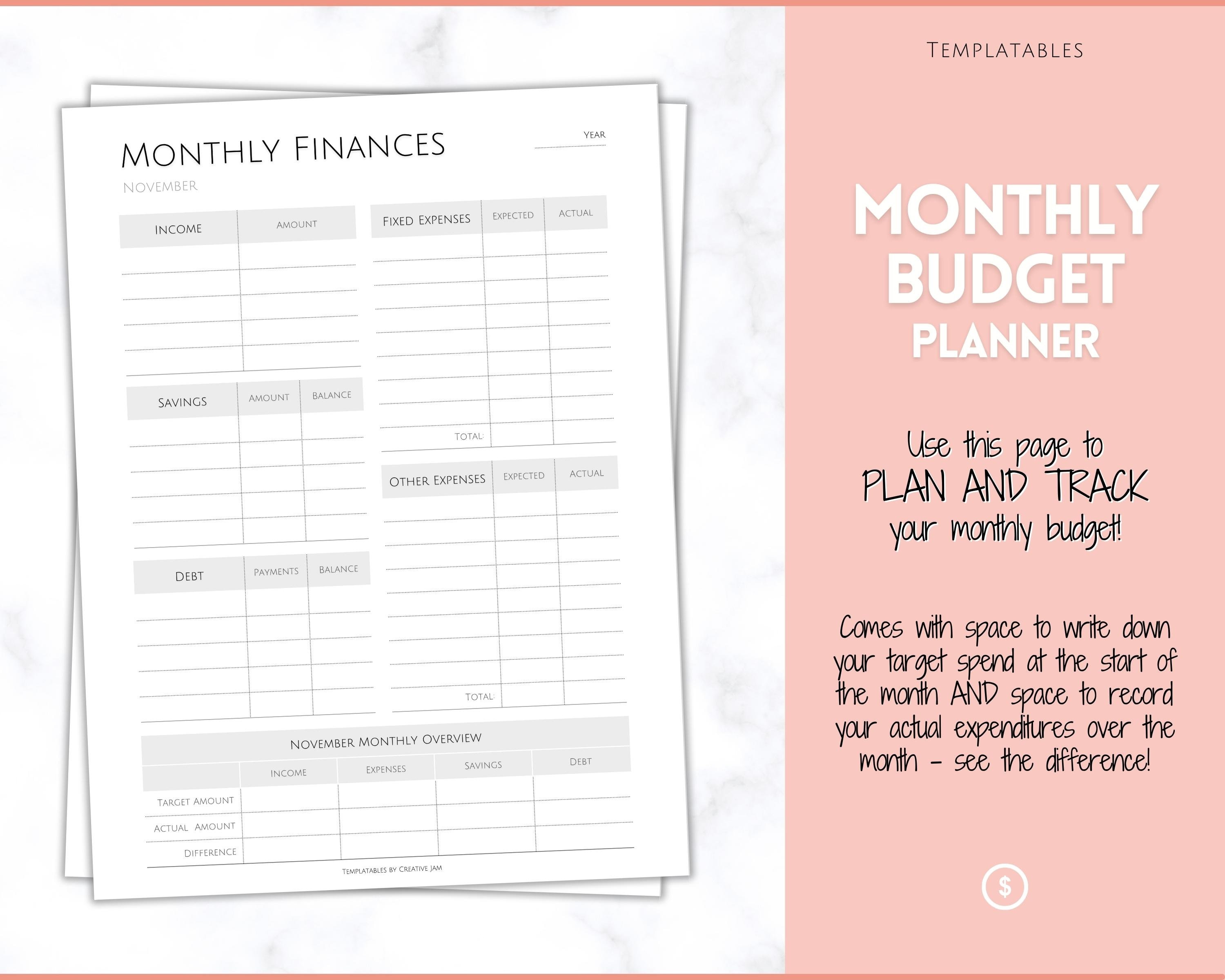 Monthly Budget Planner Printable Financial Tracker Template - Etsy
