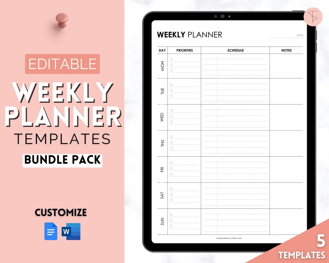 EDITABLE Weekly Planner Templates, Week at a Glance, Weekly Schedule ...
