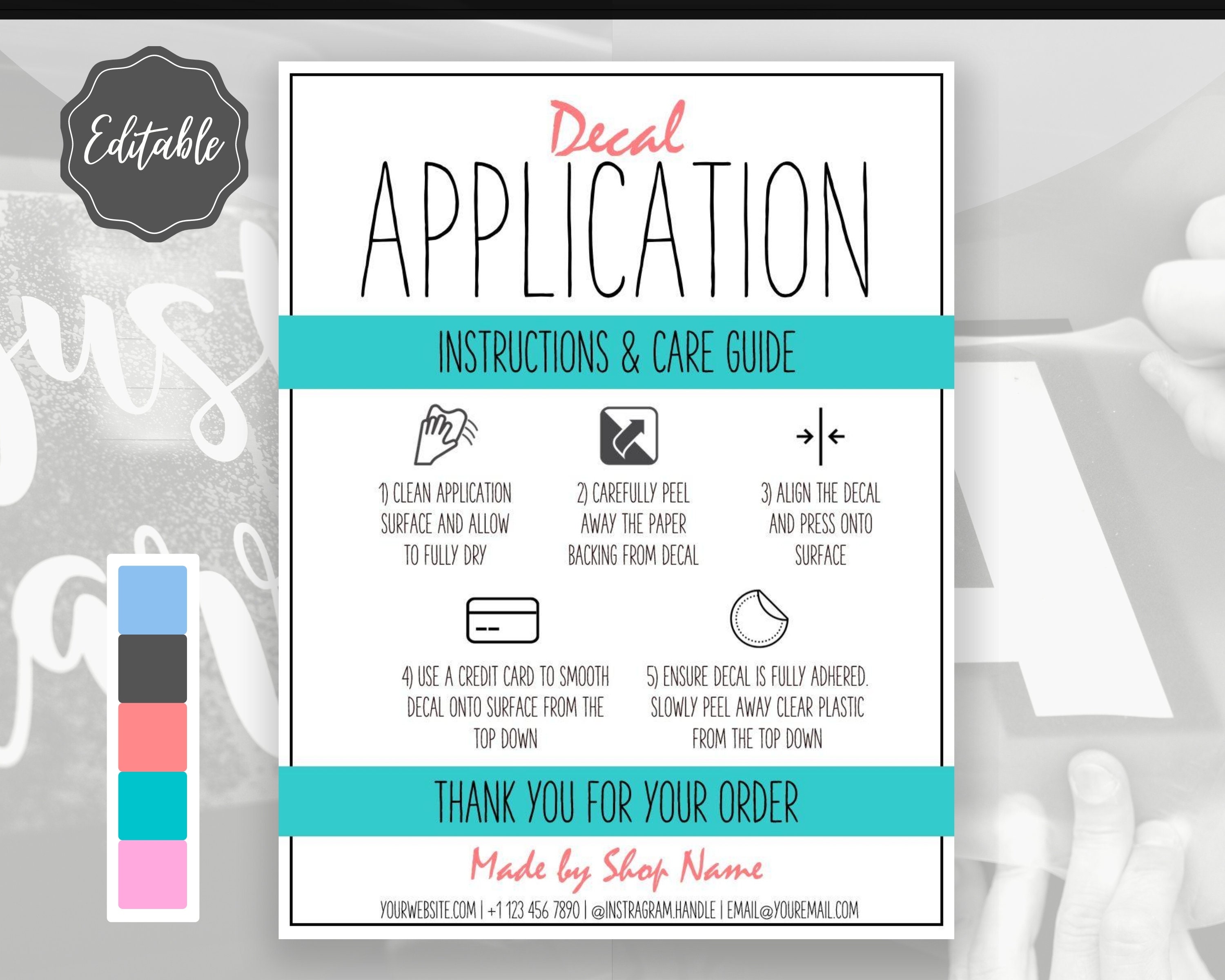 EDITABLE Vinyl Decal Care Card Instructions Printable Decal - Etsy