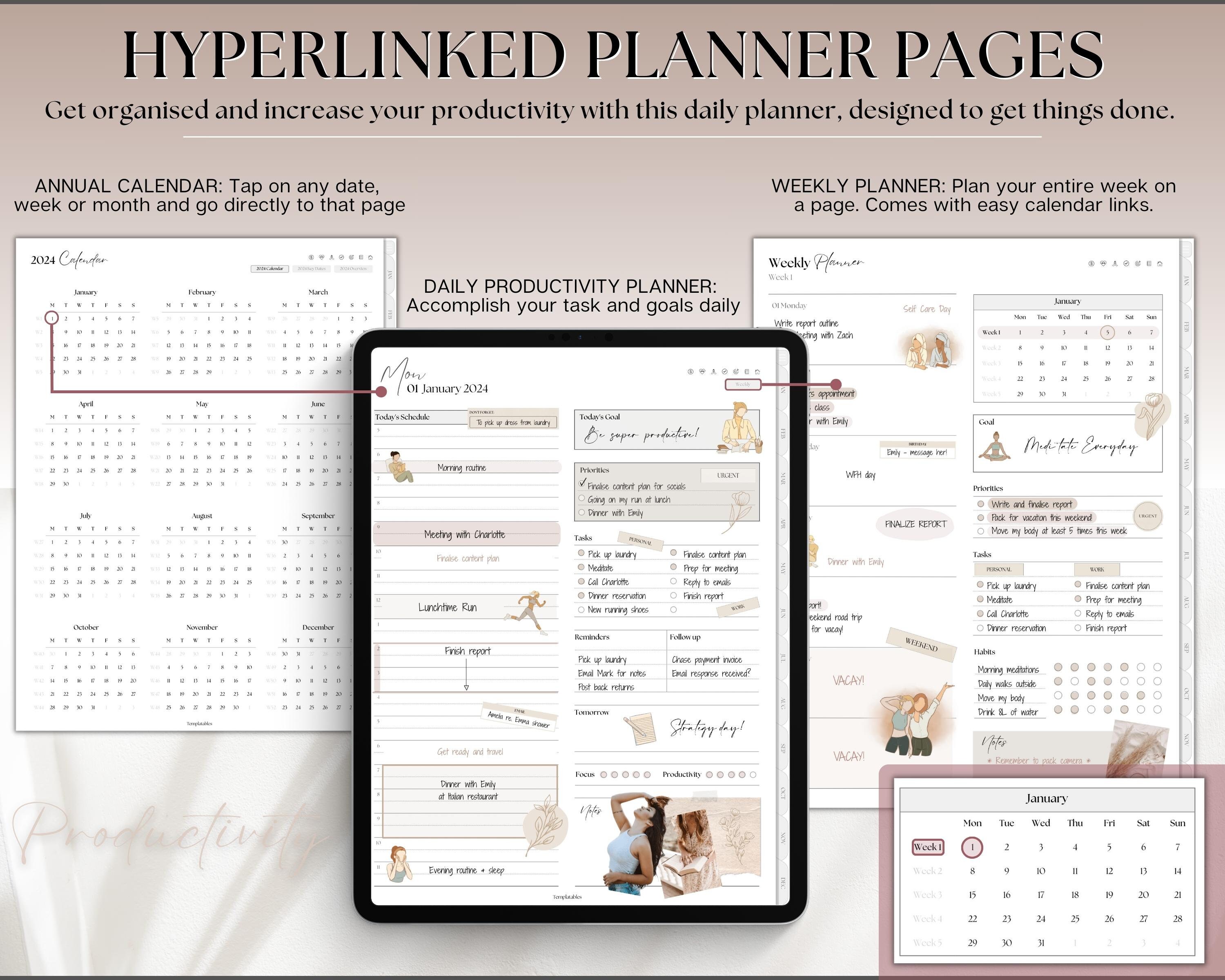 Digital Productivity Planner, 2024 - 2025 Digital Planner, Daily to Do ...