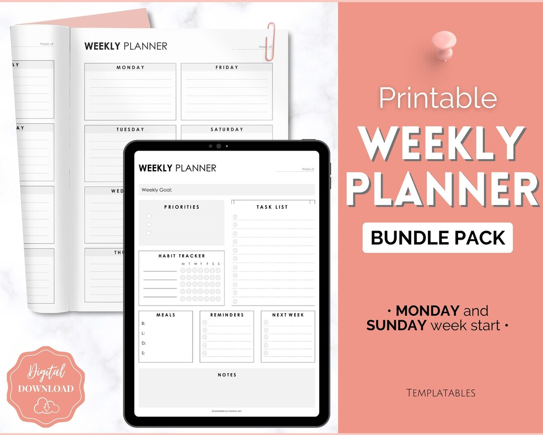 Printable Weekly Planner Template BUNDLE, Week at a Glance, Weekly ...
