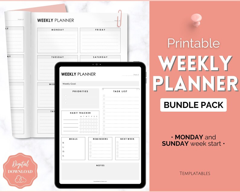Printable Weekly Planner Template BUNDLE Week at a Glance - Etsy