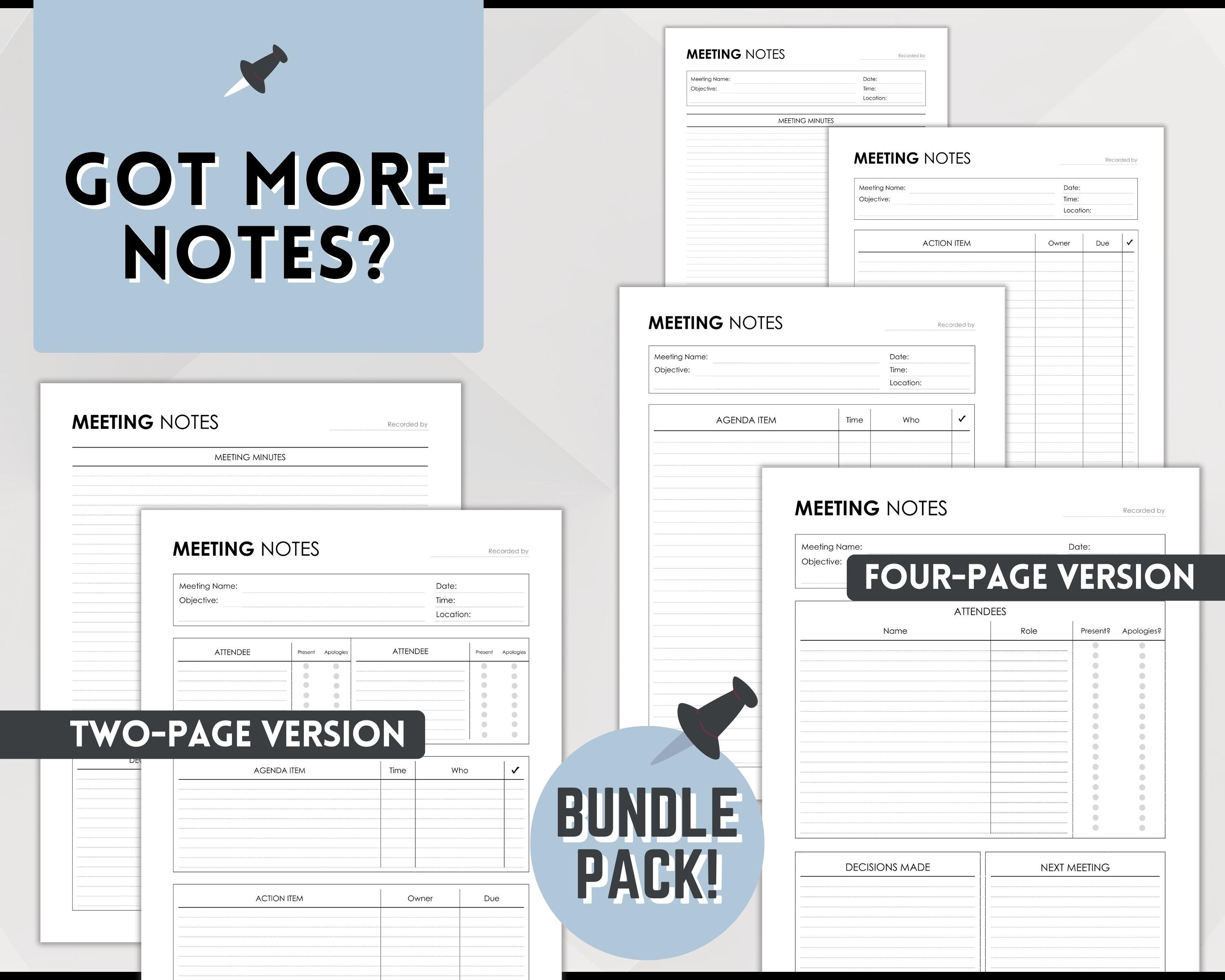 Editable Meeting Notes Template, Printable Business Meeting Minutes ...