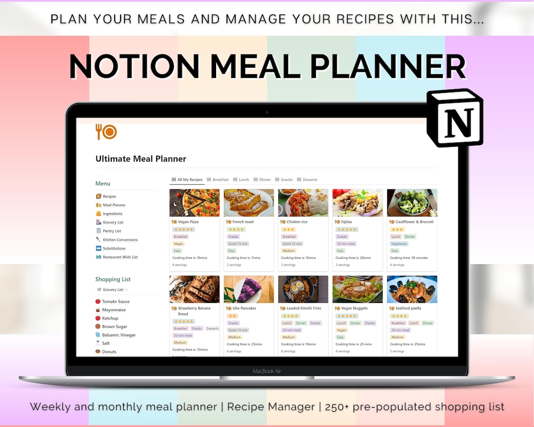 Notion Meal Planner Template, Recipe Manager, Grocery List, Digital ...