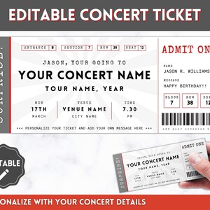 Concert Ticket Template, EDITABLE Surprise Getaway Gift, Invitation, Christmas, Mom, Anniversary ...