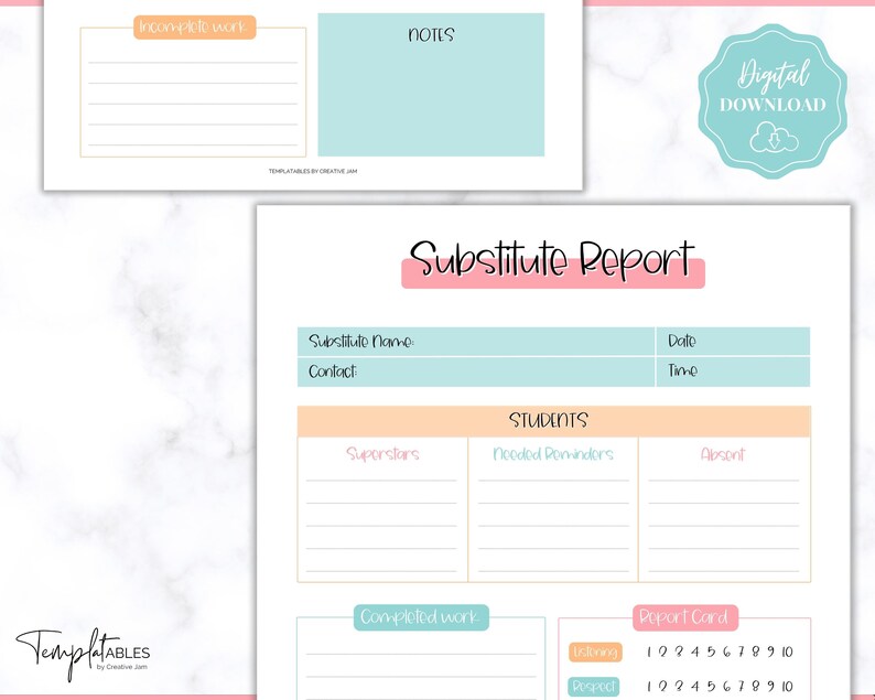 Substitute Teacher Note Printable Teacher Planner Template - Etsy