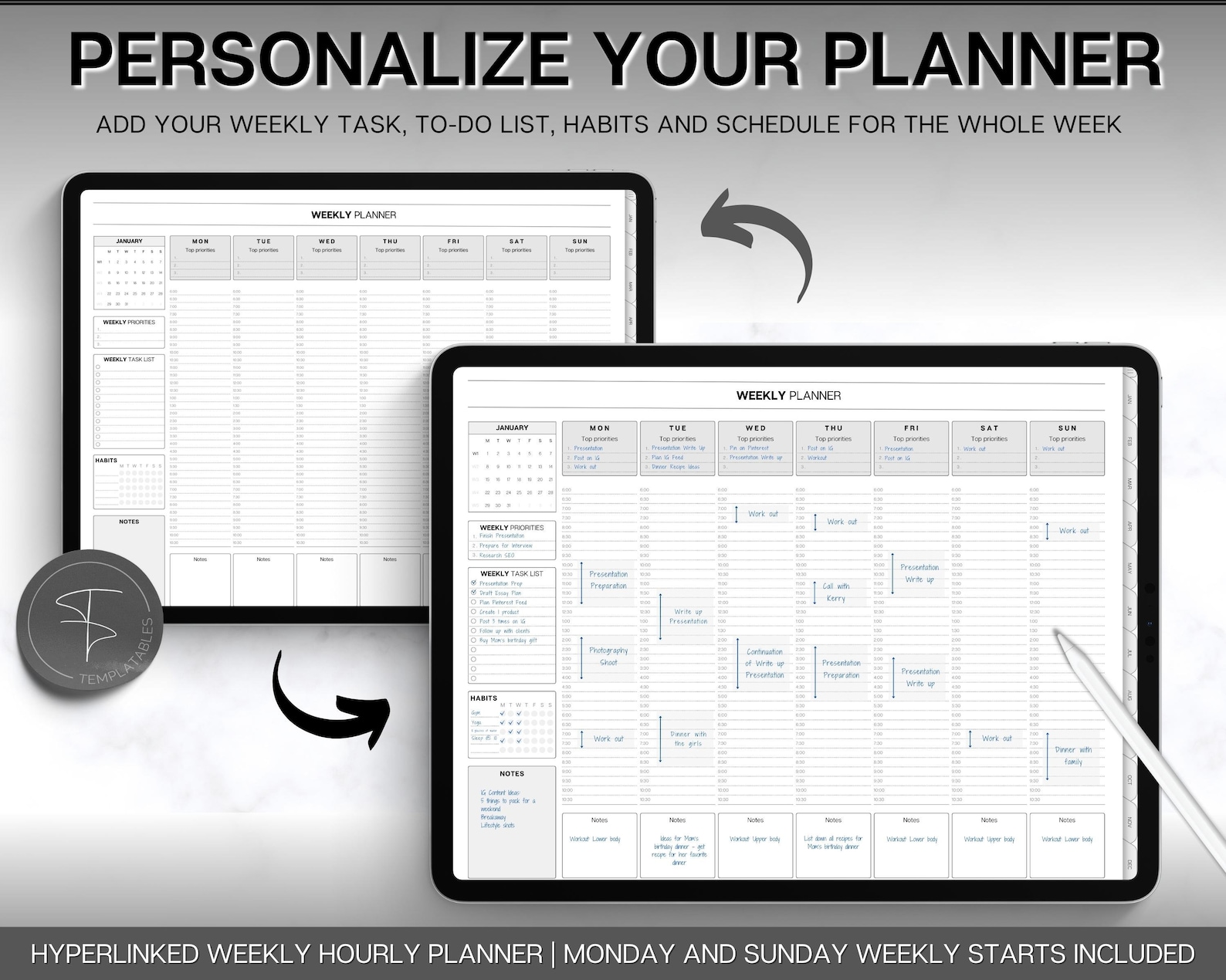 WEEKLY Hourly Digital Planner, 2024 Digital Planner, iPad Planner ...