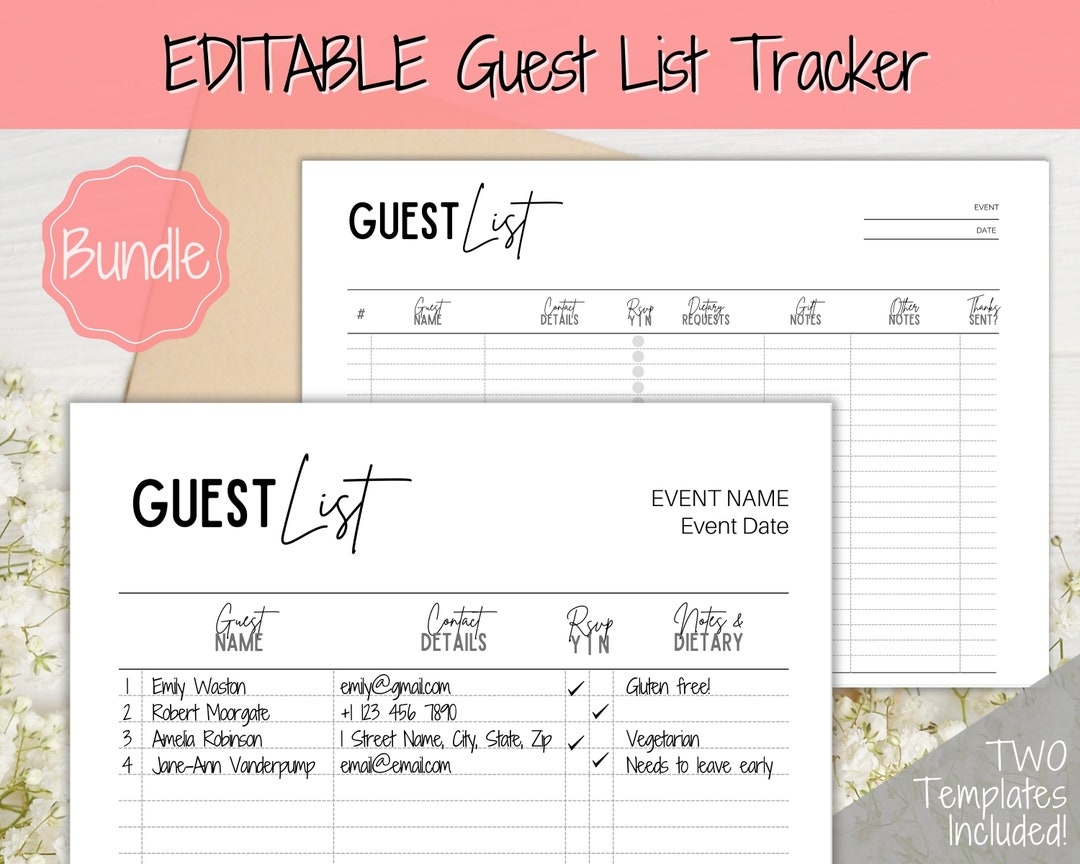 Guest List Template, Editable Guest List Tracker With RSVP, Party ...