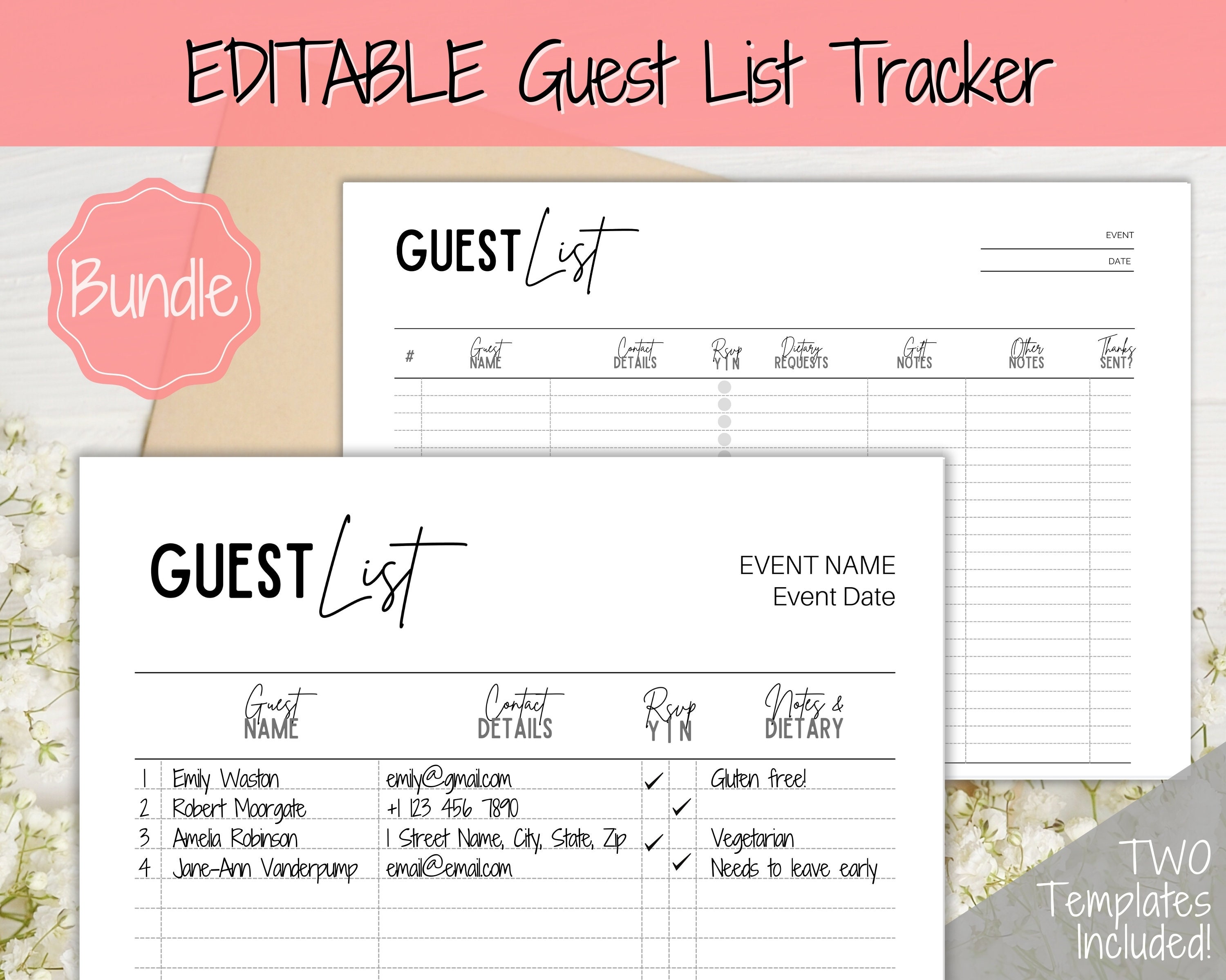 Guest List Tracker Editable Guest List Template With RSVP - Etsy Canada