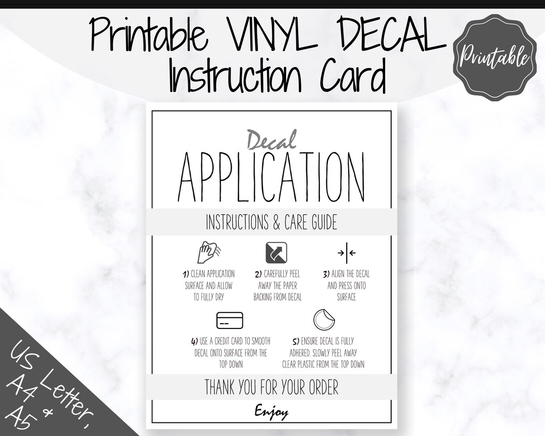 Printable Vinyl Decal Care Card Instructions. Decal Application Order ...