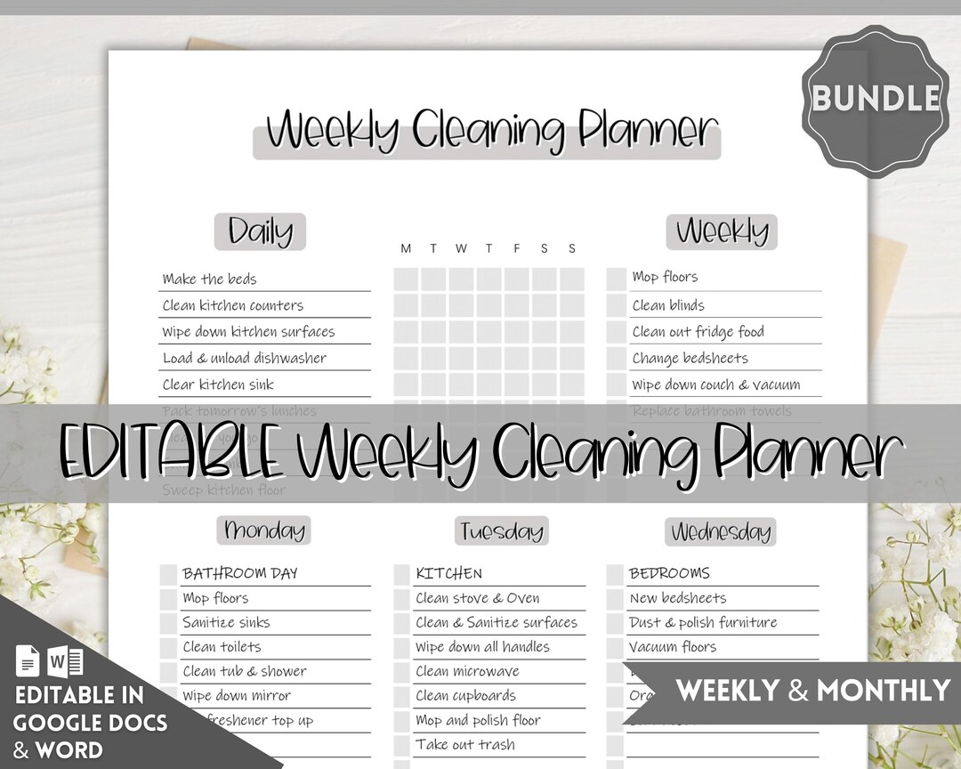 Weekly Cleaning Checklist, EDITABLE Schedule, Cleaning Planner, Weekly ...