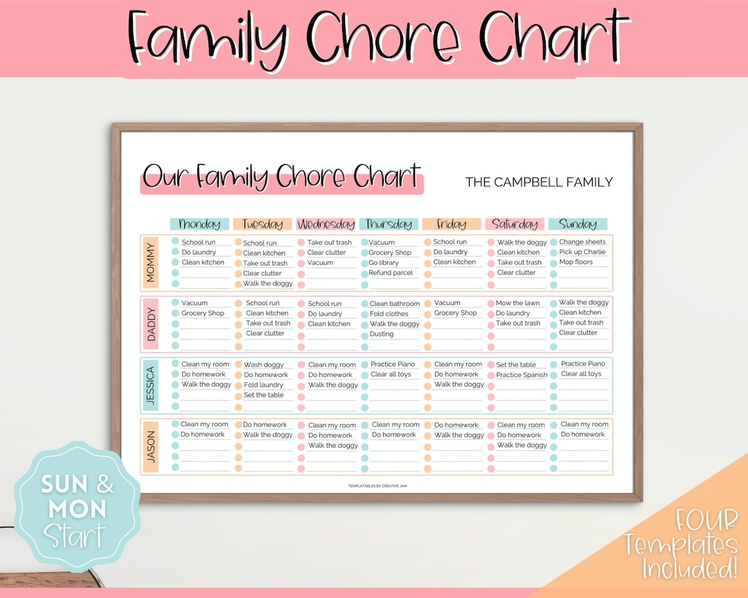 Colorful Family Chore Chart, Editable Family Planner Printable, Weekly ...