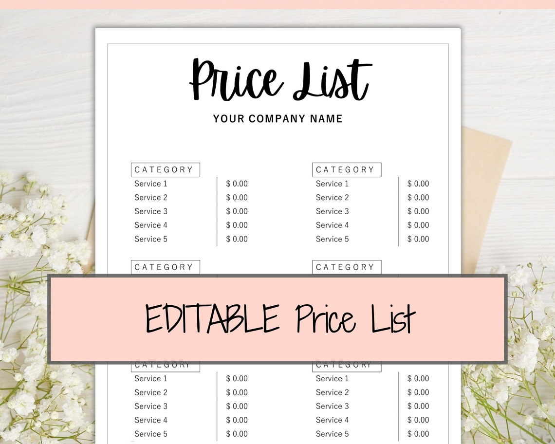 PRICE LIST Template Editable. Printable Price Sheet Price | Etsy