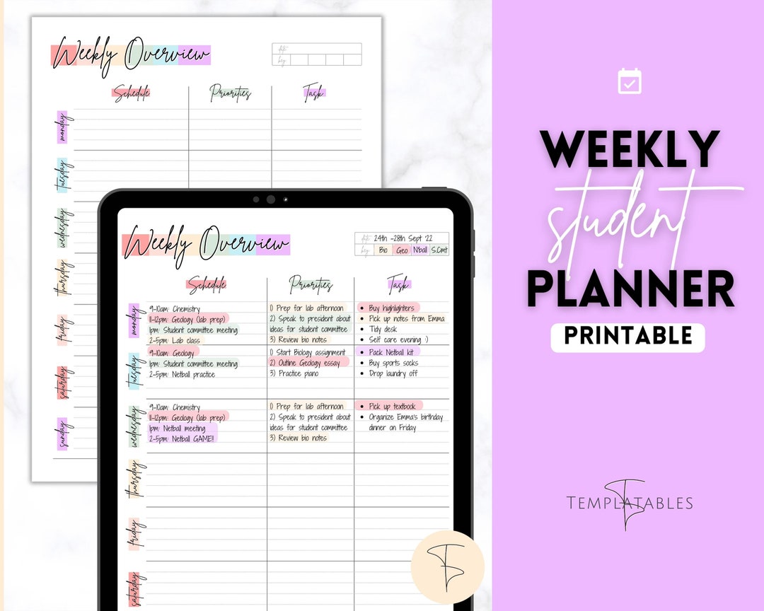College Student Weekly Planner, Printable Weekly Schedule, College ...
