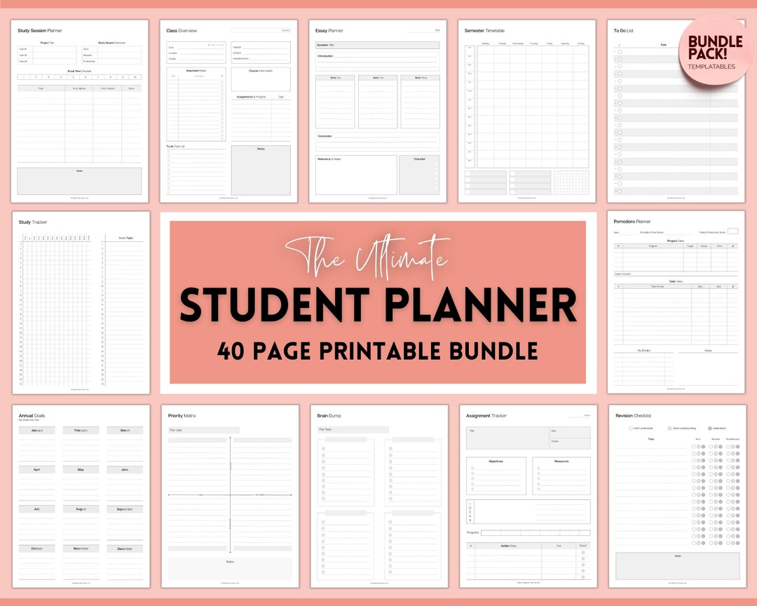 Student Planner Printable BUNDLE, 40+ Pg Study Planner, Academic ...