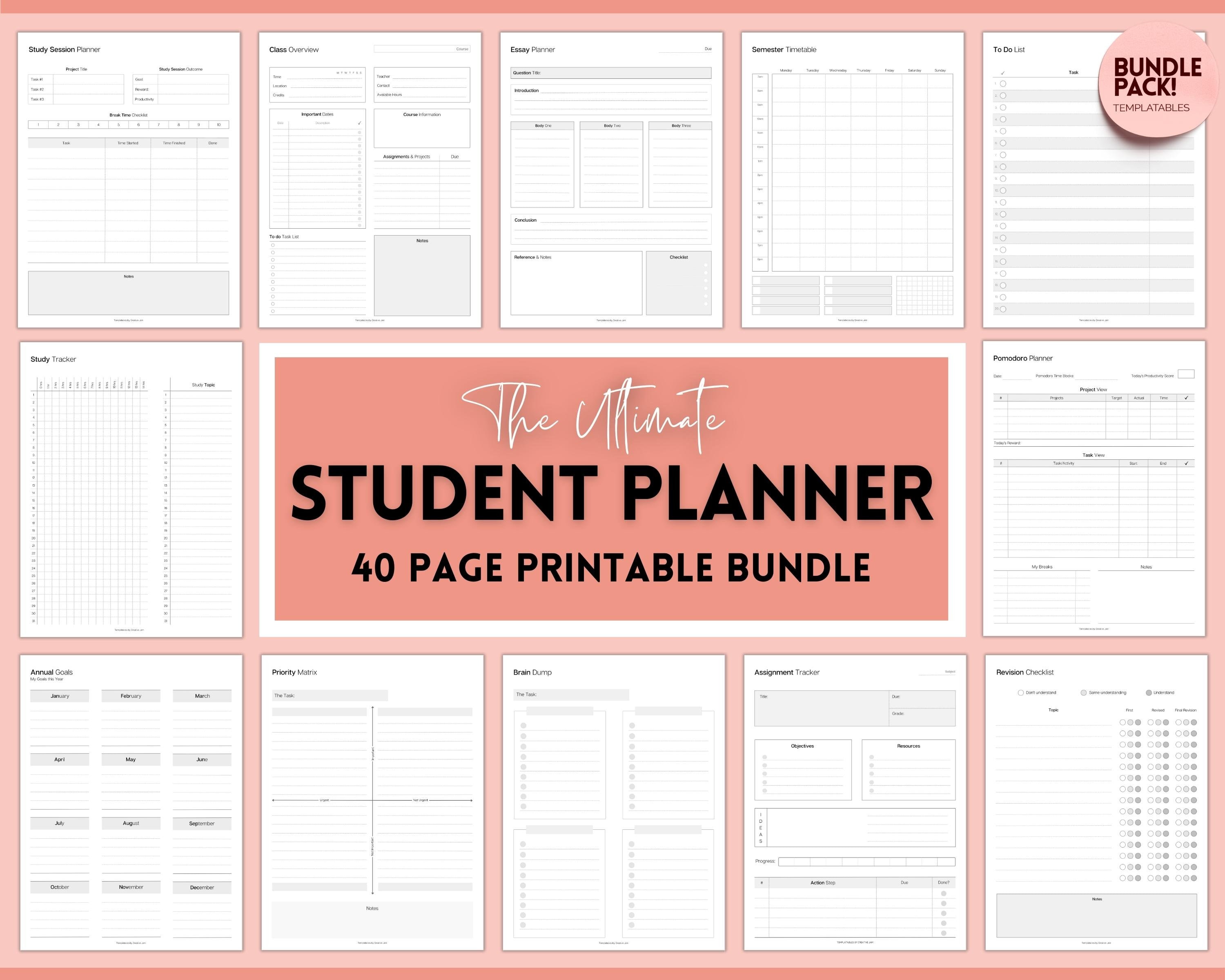Student Planner Printable BUNDLE, 40+ Pg Study Planner, Academic ...