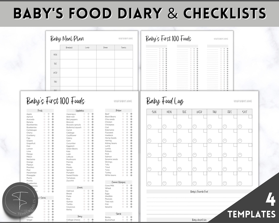 Baby First Foods Checklist, Baby Food Tracker Printable BUNDLE, Meal ...
