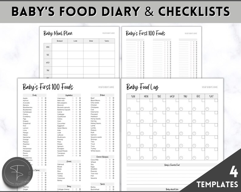 Baby First Foods Checklist, Baby Food Tracker Printable BUNDLE, Meal ...
