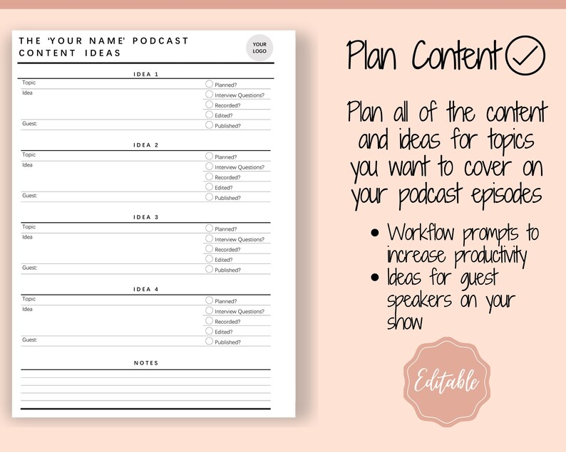 Podcast Planner, Editable BUNDLE Pack. Podcast Template Content ...