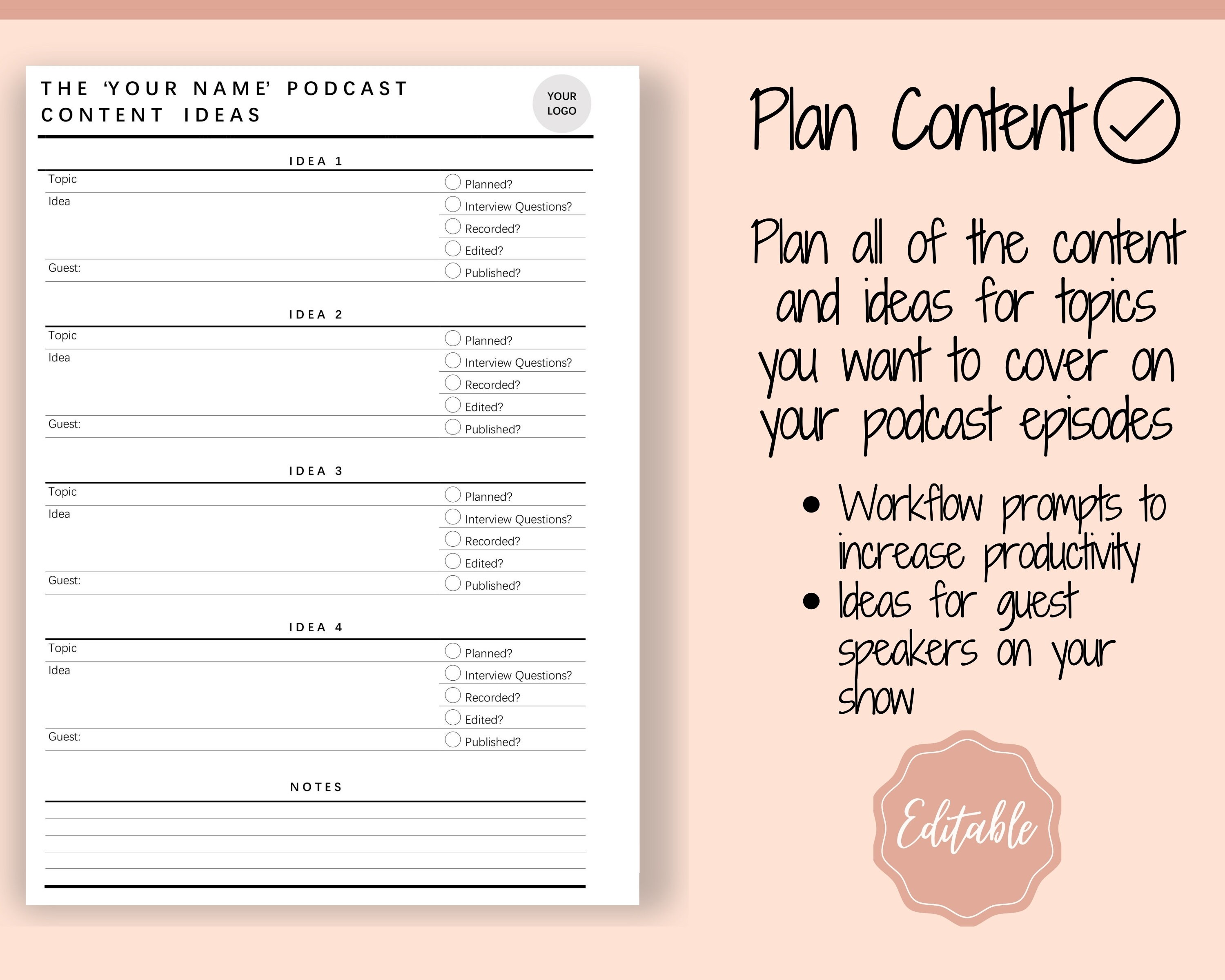 Podcast Planner, Editable BUNDLE Pack. Podcast Template Content ...