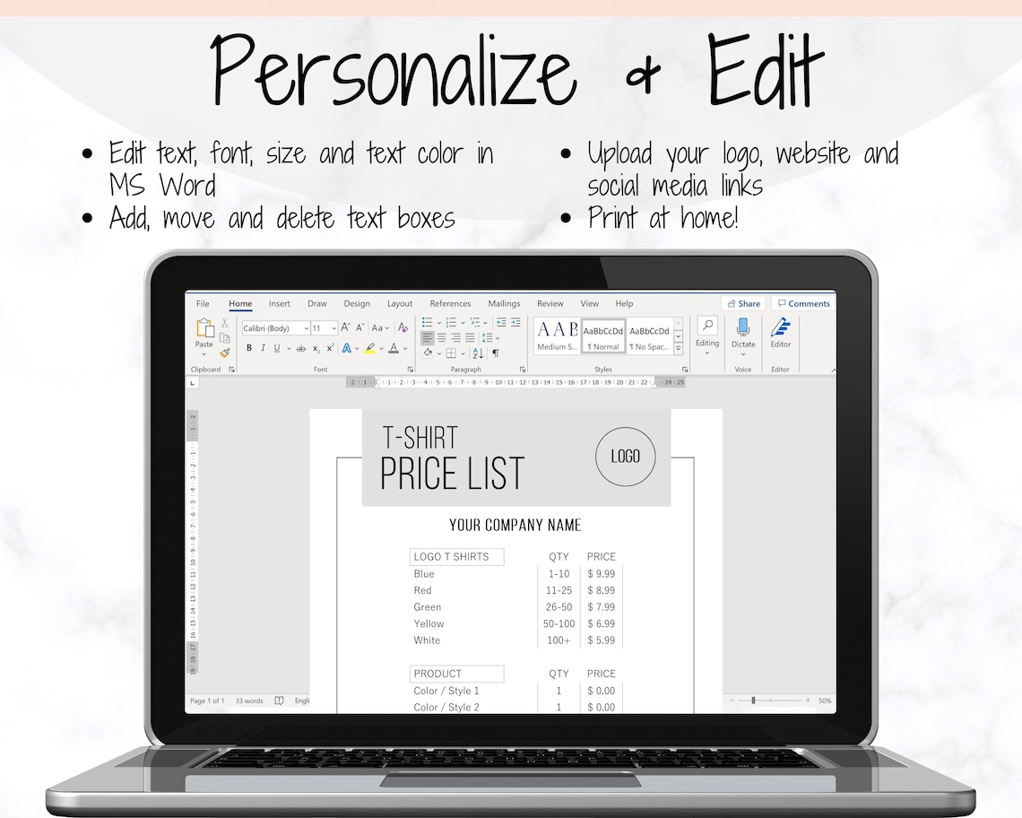 Tshirt PRICE LIST Template Editable. Printable Price Sheet, Price Guide ...