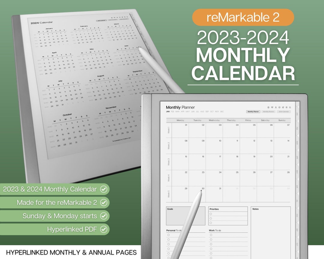 2023 & 2024 Monthly Calendar Remarkable 2 Templates - Etsy