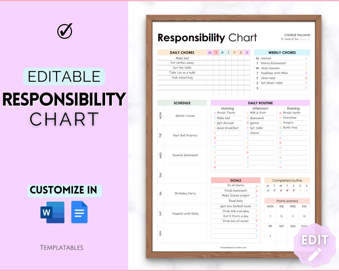 EDITABLE Chore Chart for Kids, Responsibility Chart, Family Chore Chart ...