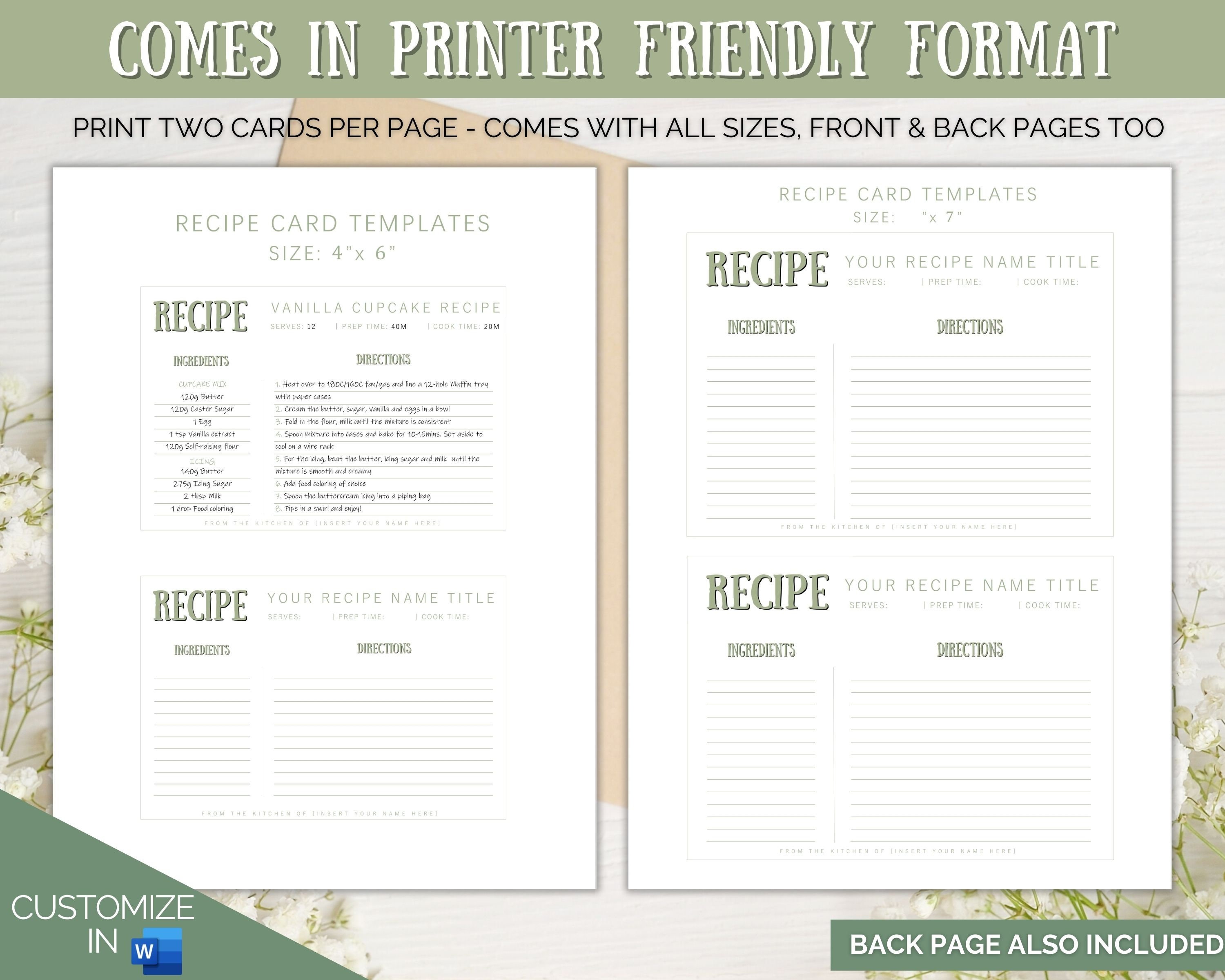EDITABLE Recipe Card Template, Recipe Template, Recipe Cards Printable ...