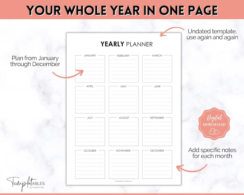 Yearly Overview, Editable Yearly Planner, Year at a Glance, Undated ...