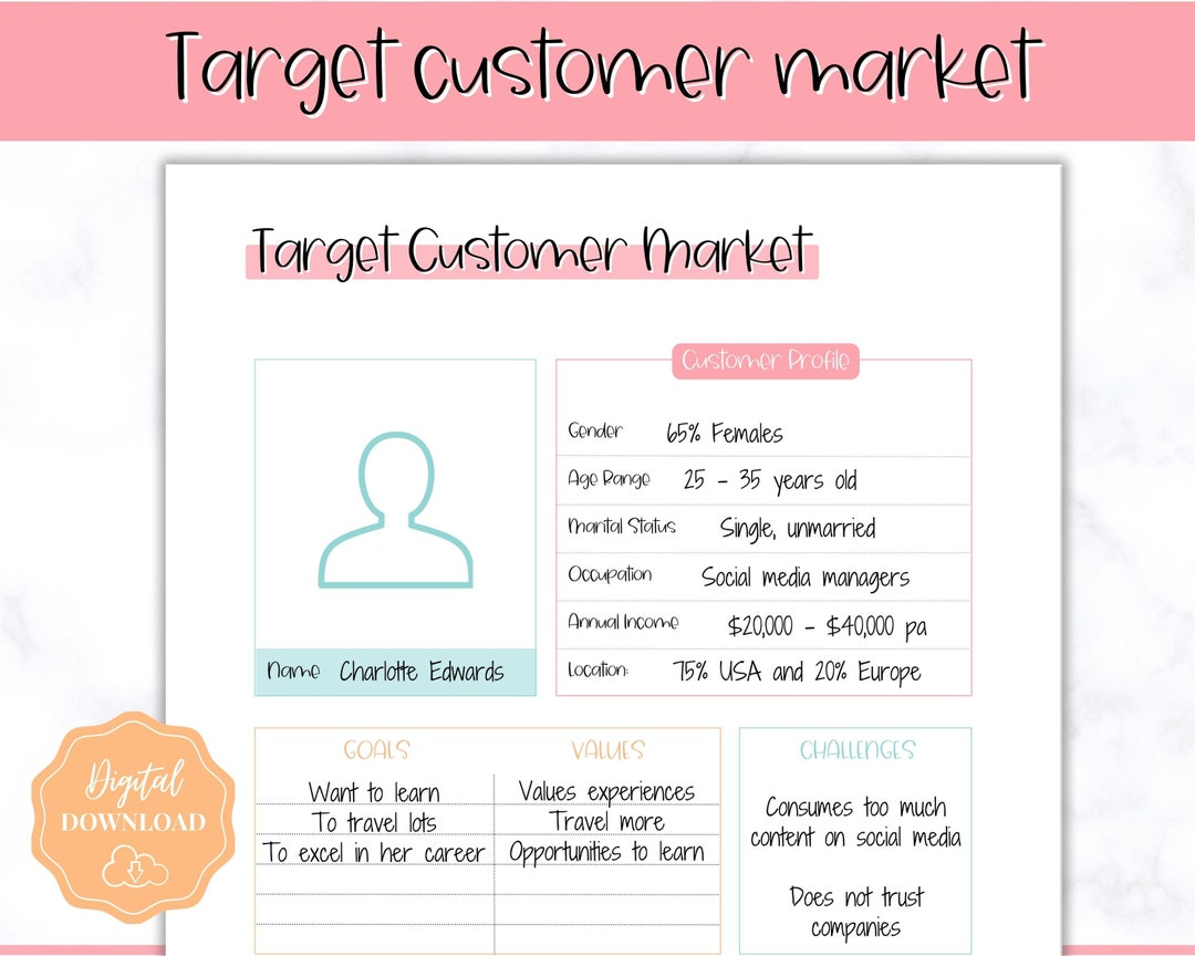 Target Customer Market Template, Customer Avatar Worksheet, Client ...