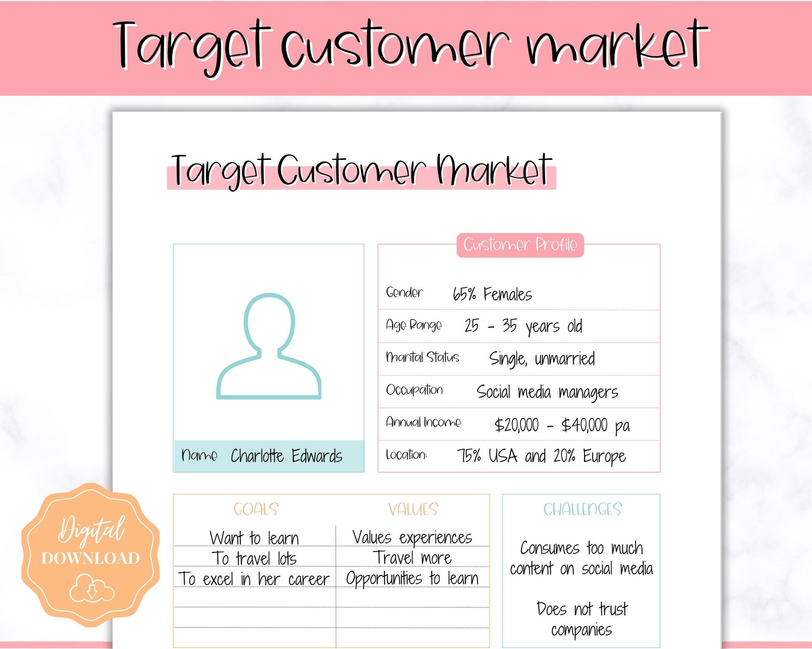 Customer Avatar Worksheet, Target Customer Market Template, Client ...