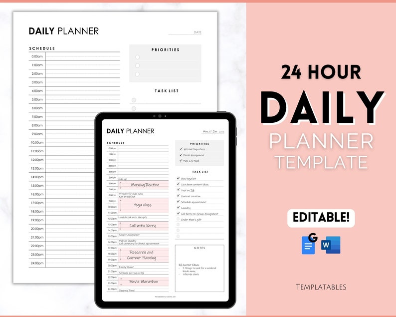 24 Hour Daily Planner, EDITABLE Template, Hourly Planner, to Do List ...