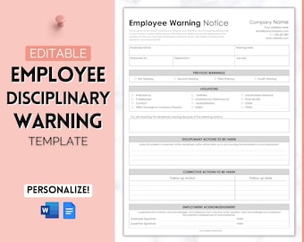 Employee Disciplinary Form, EDITABLE Warning Notice, Small Business ...