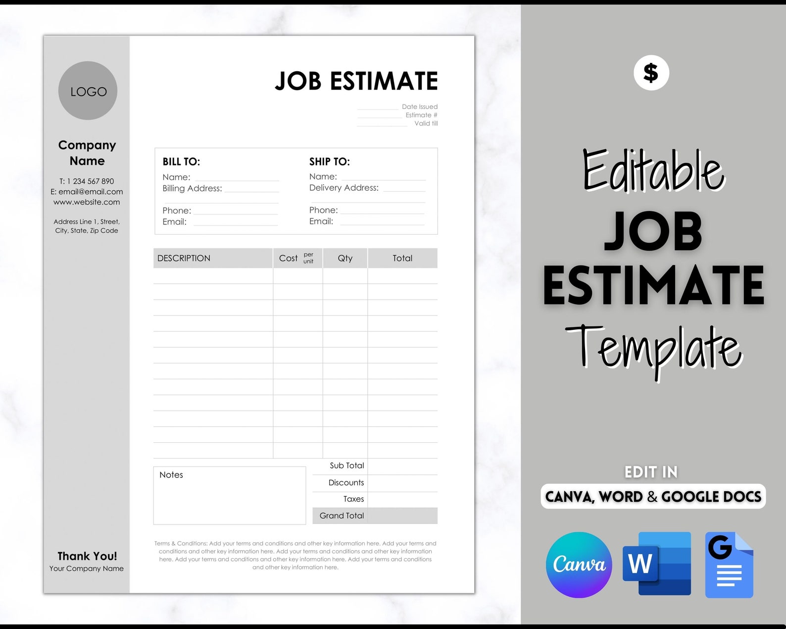 EDITABLE Job Estimate Template Small Business Template - Etsy