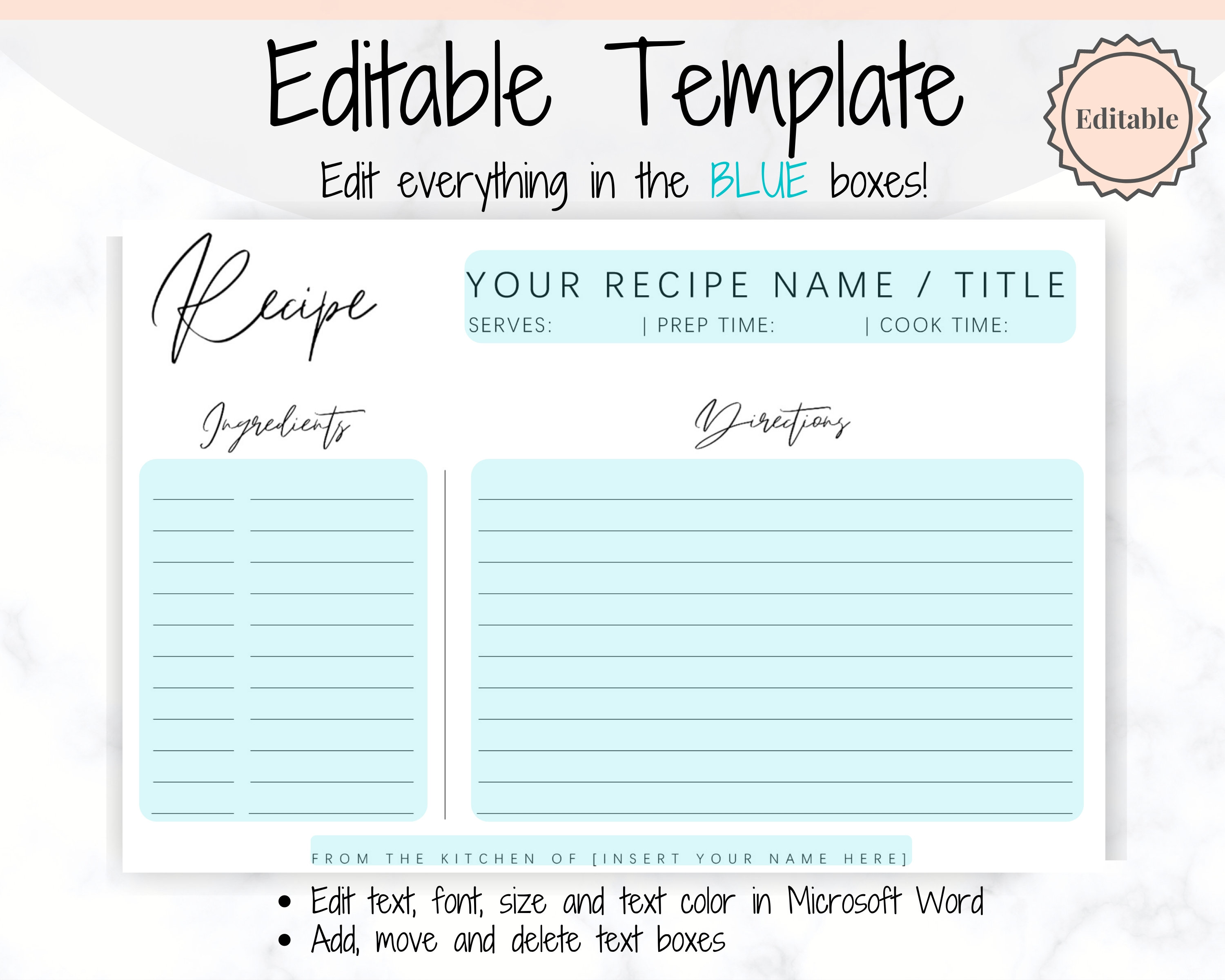 EDITABLE Recipe Card Template Recipe Template Recipe Cards | Etsy