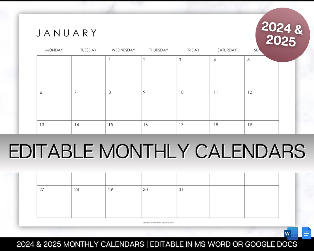 EDITABLE Monthly Calendar 2024 & 2025 Templates Included! Editable ...