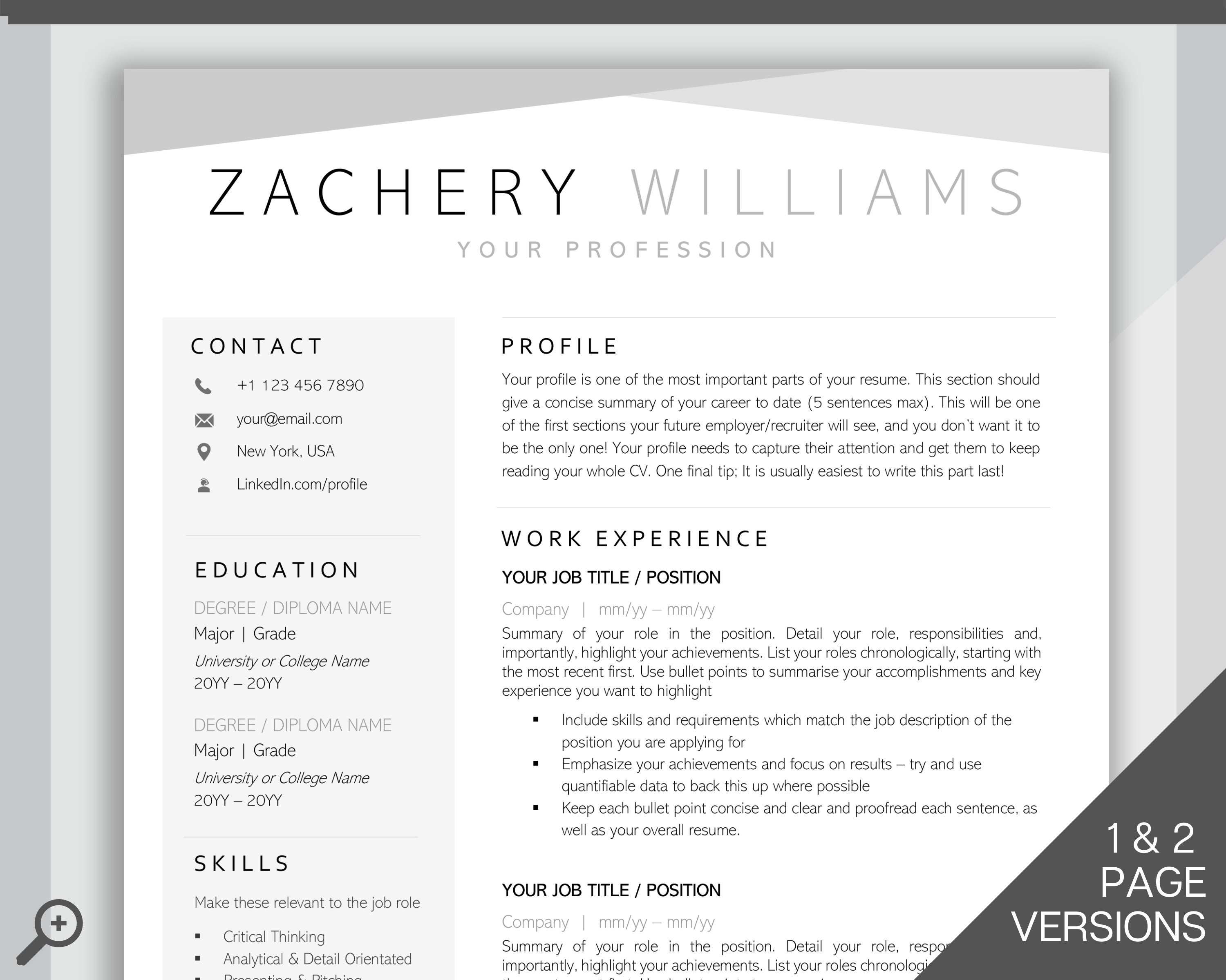 2 Page Resume Template Word. CV Template Professional CV - Etsy UK