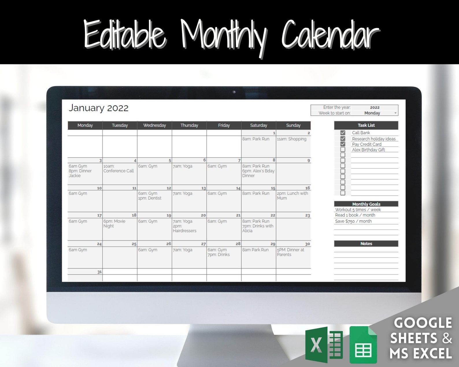 EDITABLE Monthly Calendar Monthly Planner Template Automated - Etsy