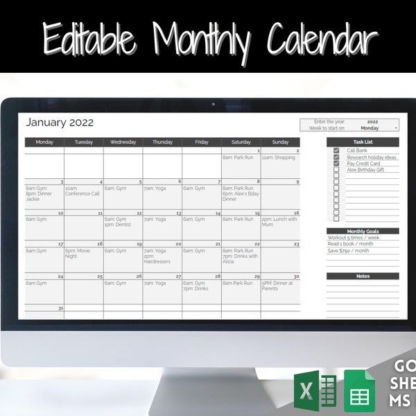 Excel Editable Monthly Calendar Template - Etsy
