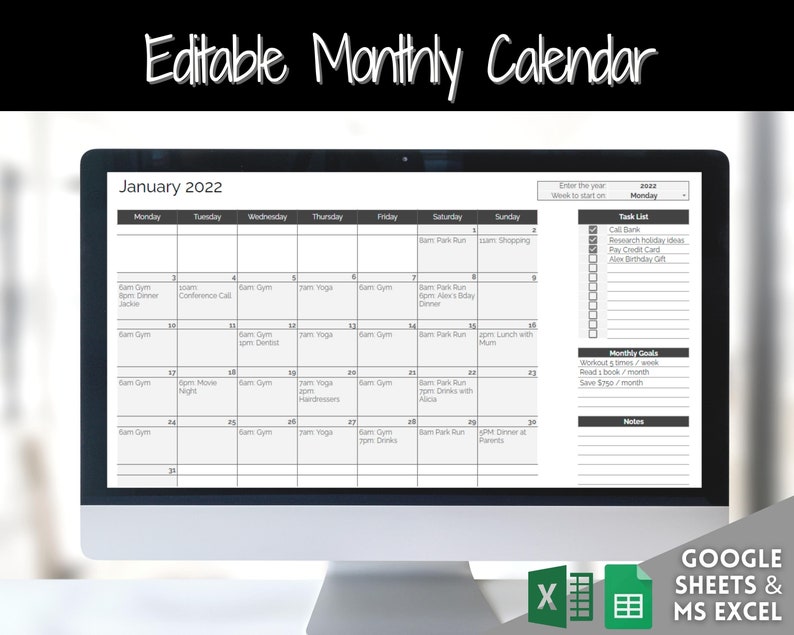 EDITABLE Monthly Calendar Monthly Planner Template Automated - Etsy