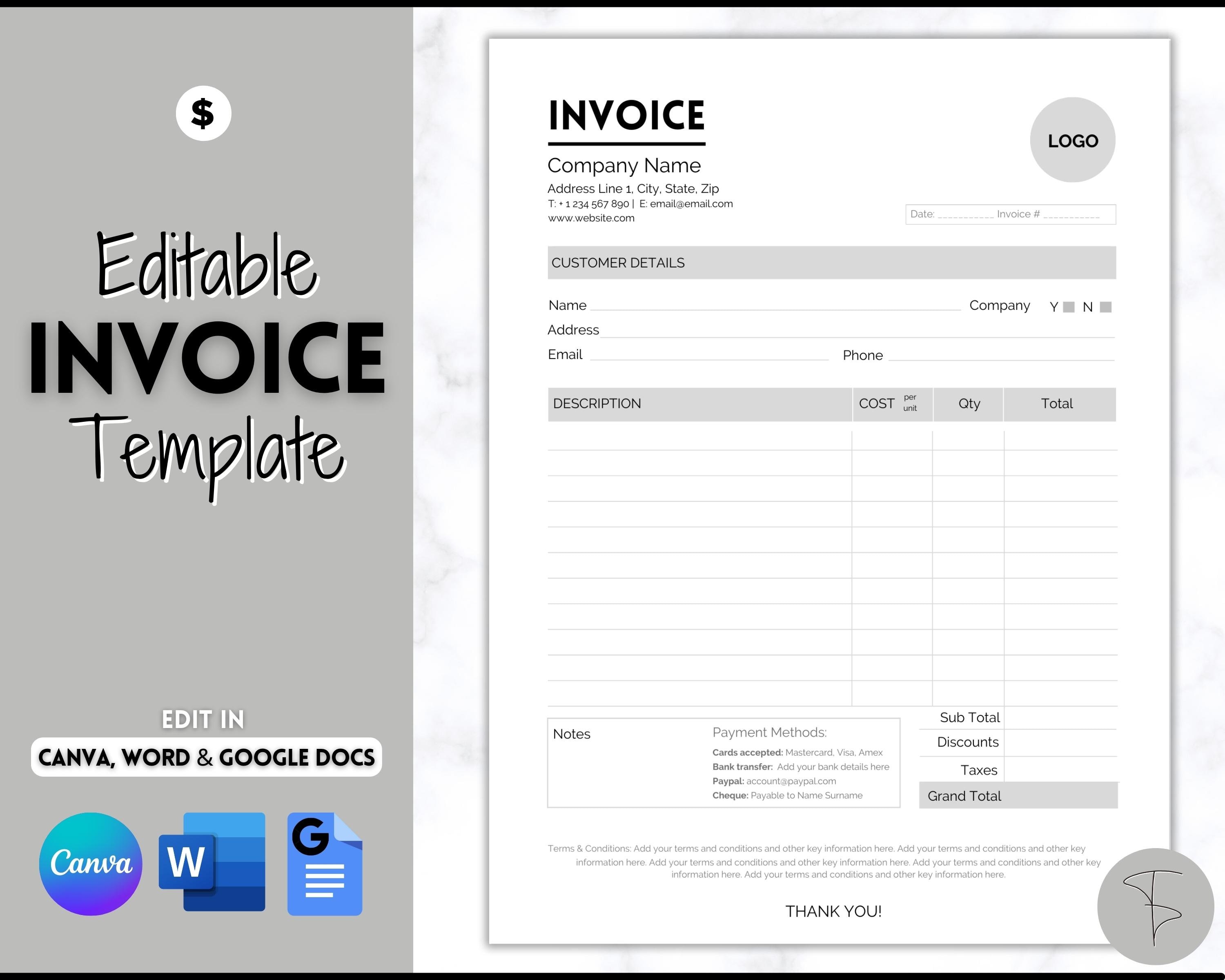 EDITABLE Invoice Template Receipt Form Small Business - Etsy Canada