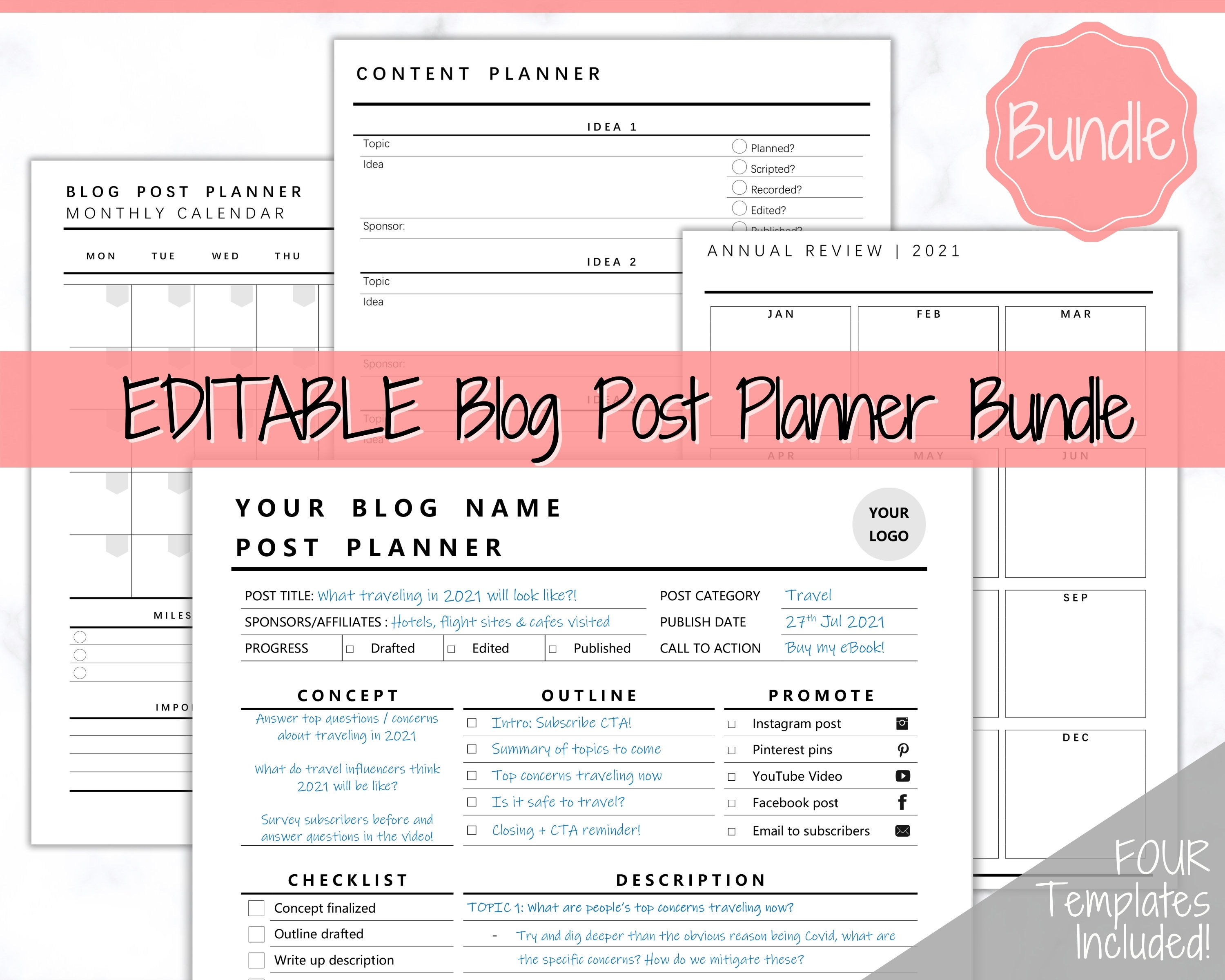 EDITABLE Blog Post Planner Templates Blogger Bundle Blog - Etsy UK