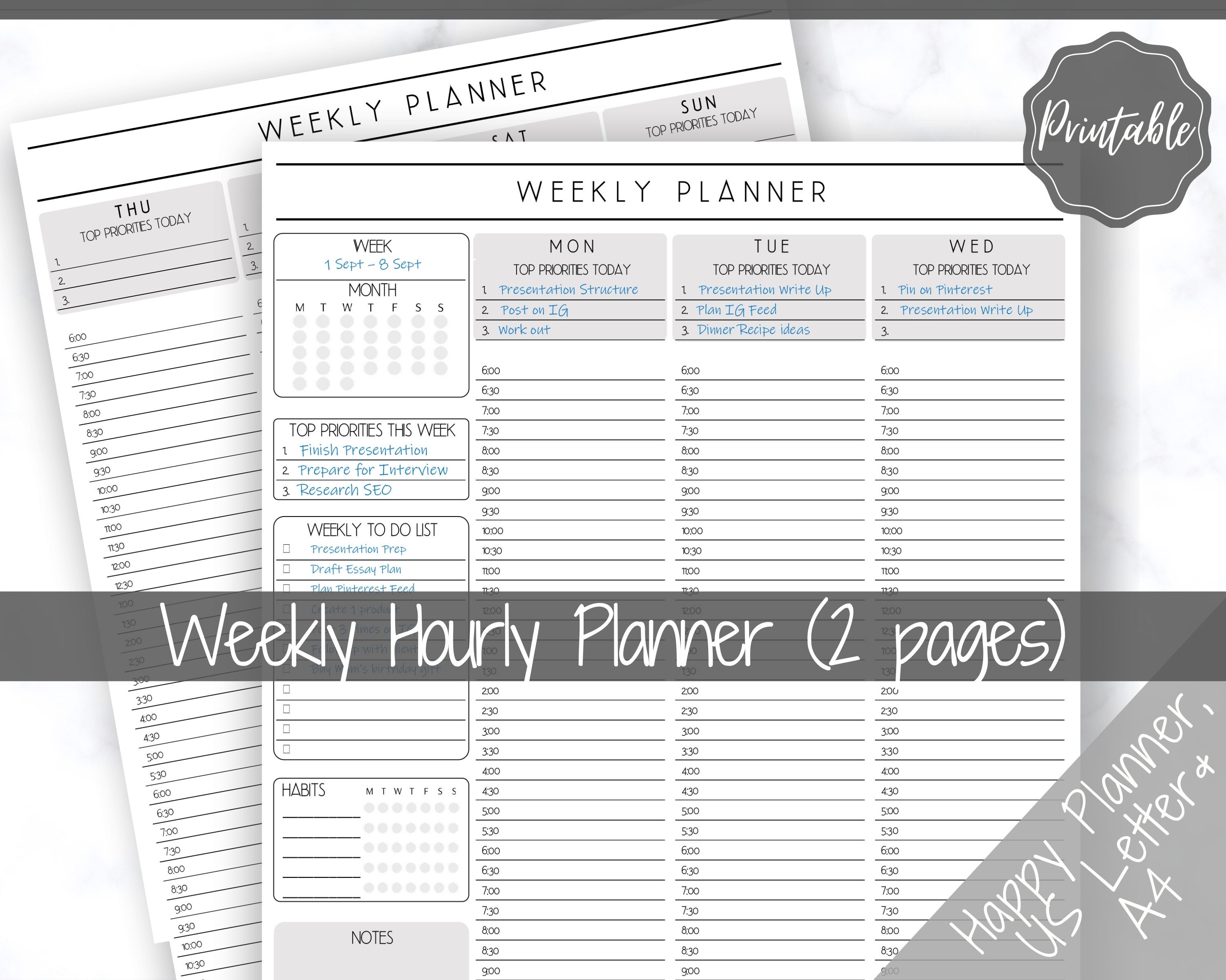 Undated Planner Week on 2 pages WO2P To Do List Printable Weekly ...